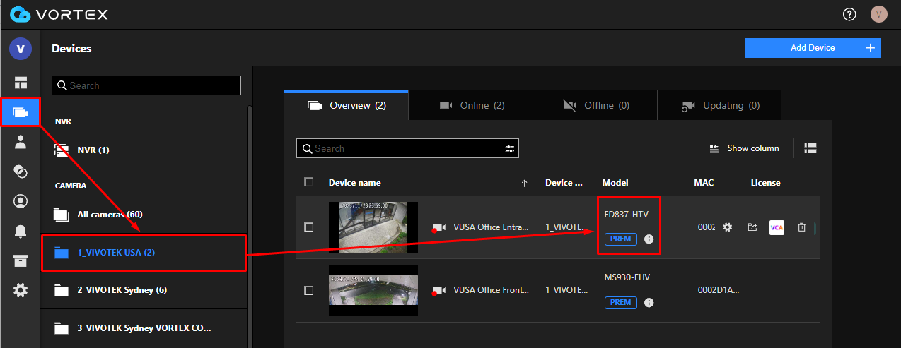 [VORTEX Portal] Where can I verify the model name of my camera in the ...