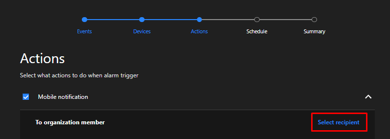 [VORTEX Portal] Configuring notifications for devices and VCA events using the Alarm management ...