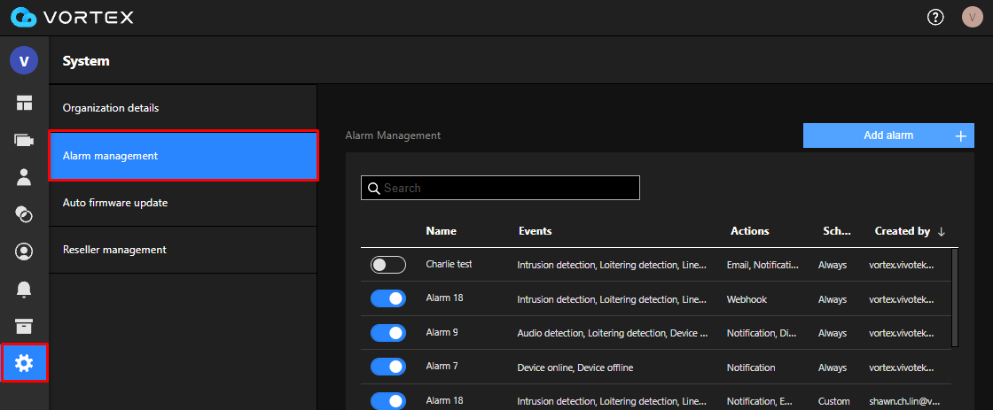 [VORTEX Portal] Configuring notifications for devices and VCA events using the Alarm management ...